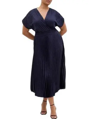 City Chic Elia Faux Wrap Pleated Dress - Navy