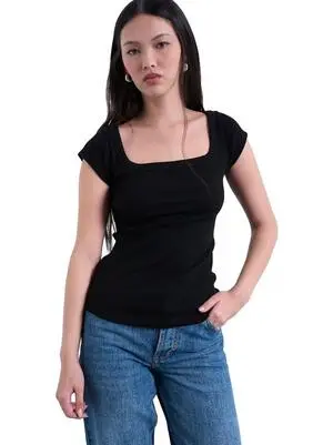 Topshop Square Neck Stretch Cotton Rib T-shirt - Black