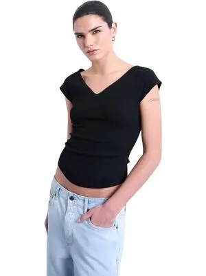 Topshop Ribbed V-neck Crop Top - Black