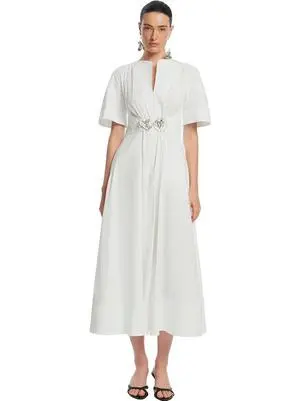 Lela Rose Cotton Poplin Buckle Shirtdress - White