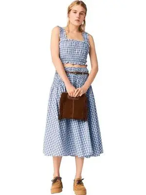 Maje Smocked Rhinestone Gingham Top - Blue