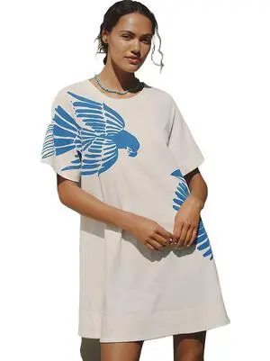 CELANDINE Graphic Short-sleeve Mini Swing Dress - Blue Pattern