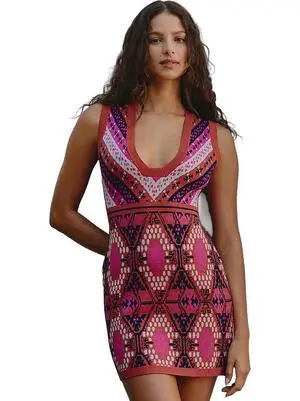 CELANDINE Plunge Mini Sweater Dress - Orange Pattern