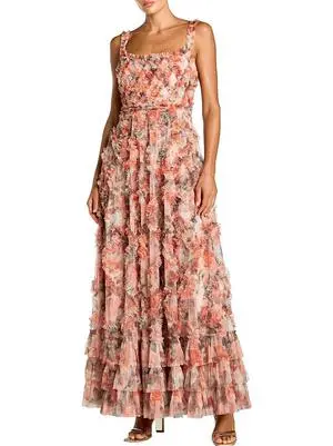Mac Duggal Floral Mesh A-line Gown With Ruffle Detail - Cream Multi