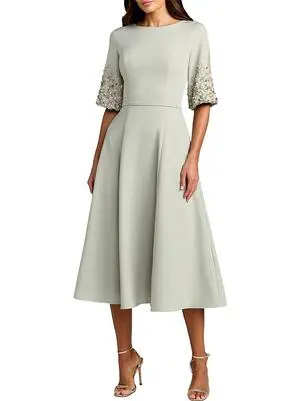 Mac Duggal Crepe A-line Midi Dress With Beaded Sleeves - Sage