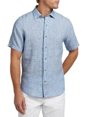 David Donahue Linen Stripe Short Sleeve Shirt - Blue