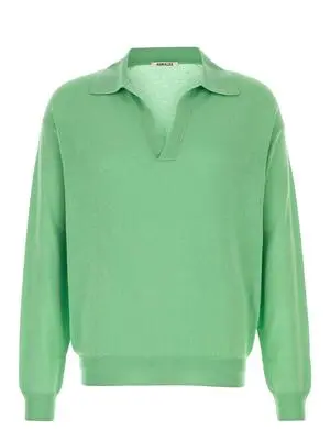 Auralee Super Fine Cashmere Silk Knit Skipper Polo - Green