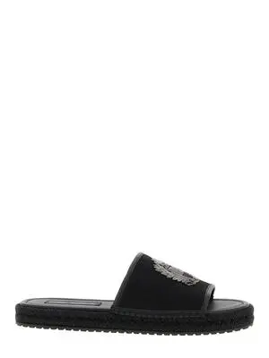 Dolce & Gabbana Cotton Canvas Sliders With Embroidered Patch - Black