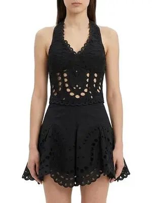 Charo Ruiz Ibiza Embroidered Halter Neck Top - Black