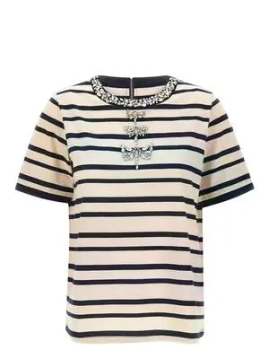 ELENA MIRÒ Striped Jewel-embellished T-shirt - Neutrals