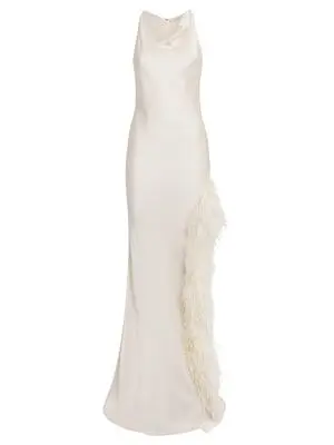 Lapointe Satin Feather-trim Halterneck Gown - Ivory