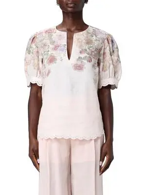 TWINSET Embellished Floral Print Top With Scalloped Trim Multicolor