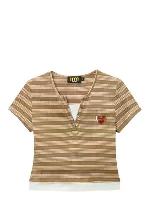 MINI CREAM Striped Button-detail T-shirt - Brown
