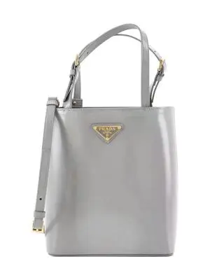 Prada Logo Convertible Brushed Leather Tote Bag - Grey