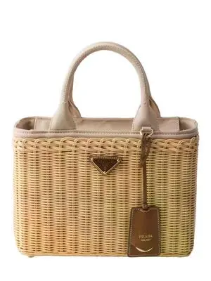 Prada Medium Wicker And Canvas Tote Bag - Neutrals
