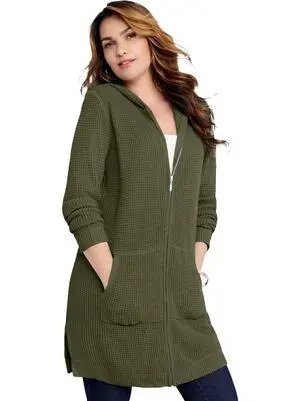 ROAMAN'S Mega Length Waffle Zip Hoodie - Dark Olive Green