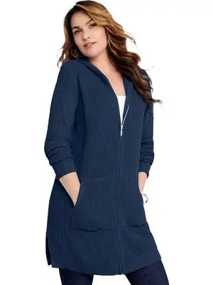 Roaman's Waffle Knit Mega-Length Zip Hoodie Navy
