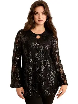 Roaman's Sequined Keyhole Blouse Black
