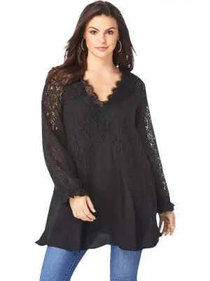 ROAMAN'S Lace And Georgette V-neck Tunic - Black