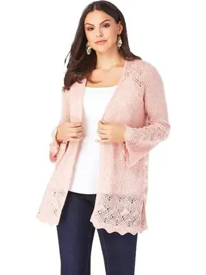 Roaman's Bell Sleeve Pointelle Cardigan With Scalloped Trim Soft Blush