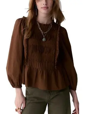 PER UNA BY M&S Pleated Ruffle Trim Cotton Peplum Top - Conker Chocolate Brown
