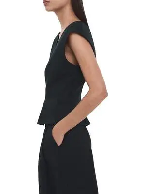 Mango Pleated Peplum Linen-blend Top - Navy