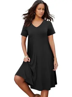 Roaman's Roaman's Short Sleeve V-Neck Fit & Flare Dress Black