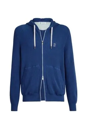 Brunello Cucinelli Knitted Cotton Hoodie - Blue