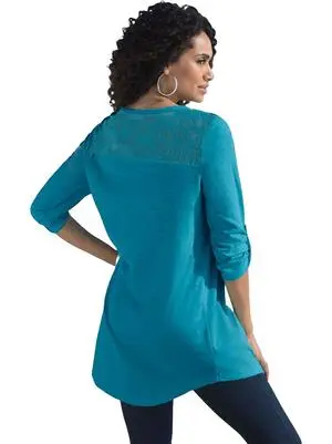 Roaman's Textured Lace Trimmed Tunic Deep Teal