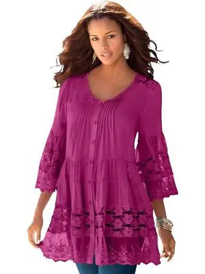 ROAMAN'S Roaman's Lace Tiered Bell Sleeve Blouse Raspberry