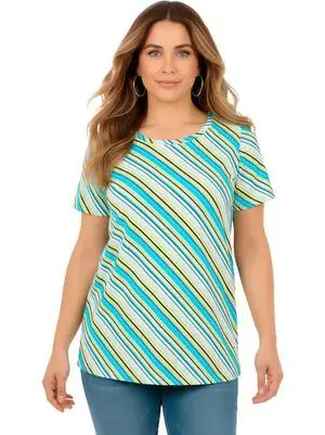 ROAMAN'S Cotton Crewneck Tee - Turq Diagonal Stripe