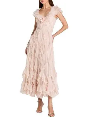 Mac Duggal Micro Ruffle Cap Sleeve A-line Midi Dress - Blush