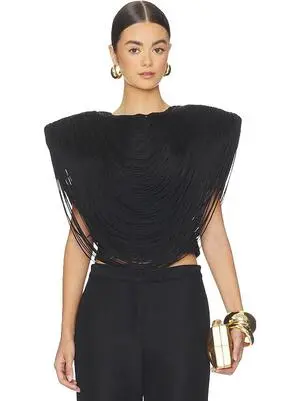 Cult Gaia Porto Top With Draped Fringe And Padded Shoulders - Black