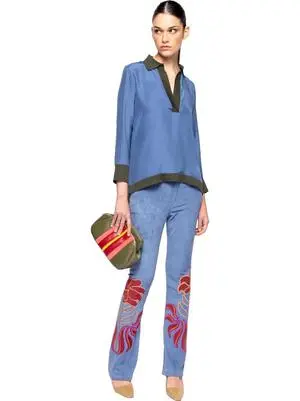 PAULA Capella Embroidered Suede Trousers - Blue