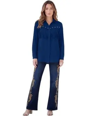 Roaman's Roaman's Embellished Fringe Shirt Evening Blue
