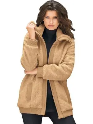 Roaman's High Collar Fleece Bomber Jacket - Soft Camel