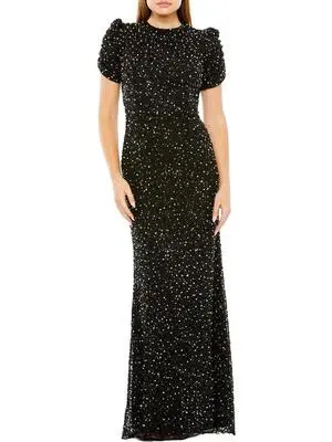 Mac Duggal Petite Gathered Short Sleeve Beaded Gown - Black