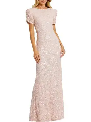 Mac Duggal Petite Gathered Short Sleeve Beaded Gown - Blush