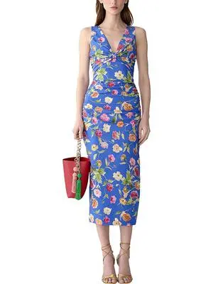 Carolina Herrera Sleeveless V Neck Gathered Floral Dress - Bluebell Multi