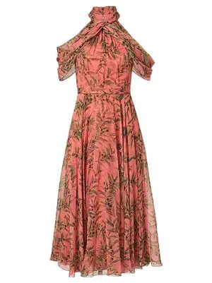 Carolina Herrera Silk Halter Neck Draped Off-shoulder Midi Dress - Sunset Multi