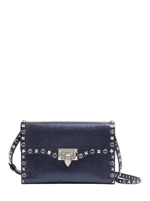 Valentino Garavani Small Rockstud & Rhinestone Leather Shoulder Bag - Navy