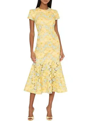 DEn Tahlia Lace-Trimmed Floral-Print Silk-Charmeuse Midi Dress In Neutrals  - 40% Off | Editorialist