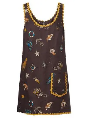 ALEMAIS Printed Scalloped Linen Minidress - Brown