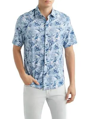 Robert Barakett Keneth Leaf Print Short Sleeve Stretch Cotton Button-up Shirt - Washed Blue