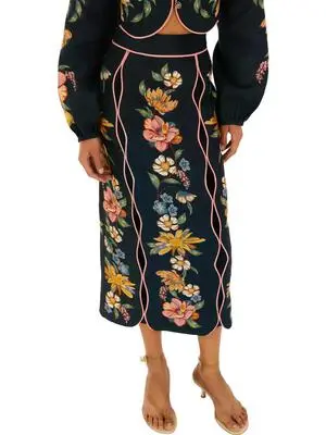 Farm Rio Floral-embroidered Midi Skirt - Blue