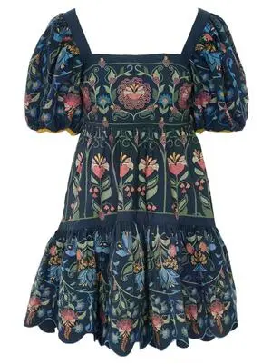 Farm Rio Floral-embroidered Puff-sleeve Mini Dress - Blue