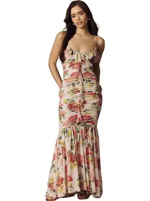 Bhldn Floral Mesh Stretch Maxi Dress - Yellow Pattern