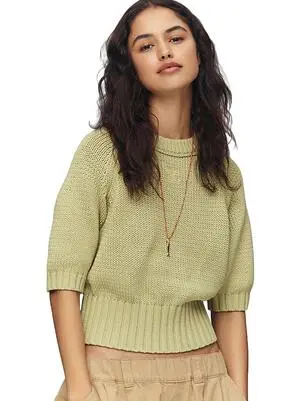 Maeve Elbow-Sleeve Cotton-Blend Crew Pullover Lime