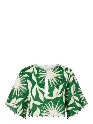 CALA DE LA CRUZ Iris Beaded Printed Linen Crop Top - Green
