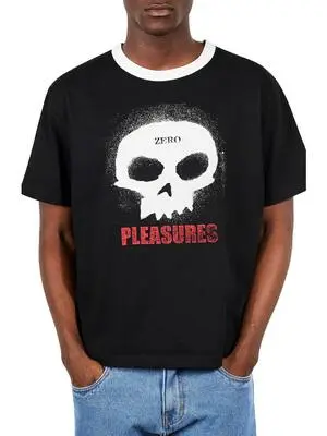 PLEASURES X Zero Skateboards Single Skull Heavyweight Cotton Jersey Ringer Graphic T-shirt - Black